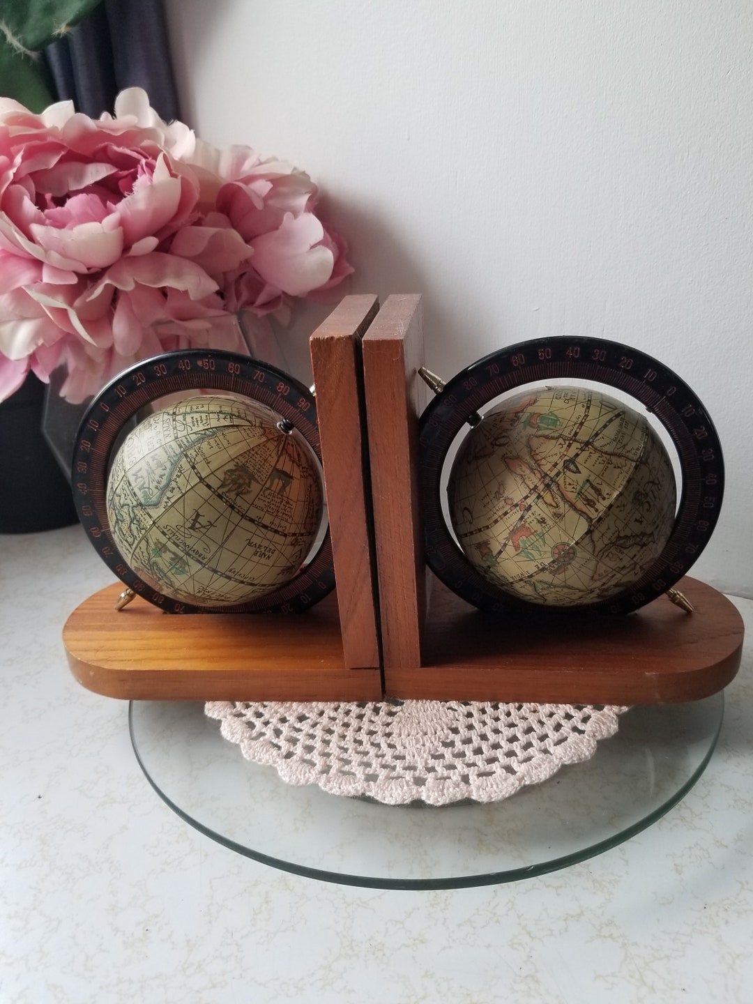 Vintage Pair of Bookends Old World Globe Bookends Wooden 1980s Decor ...