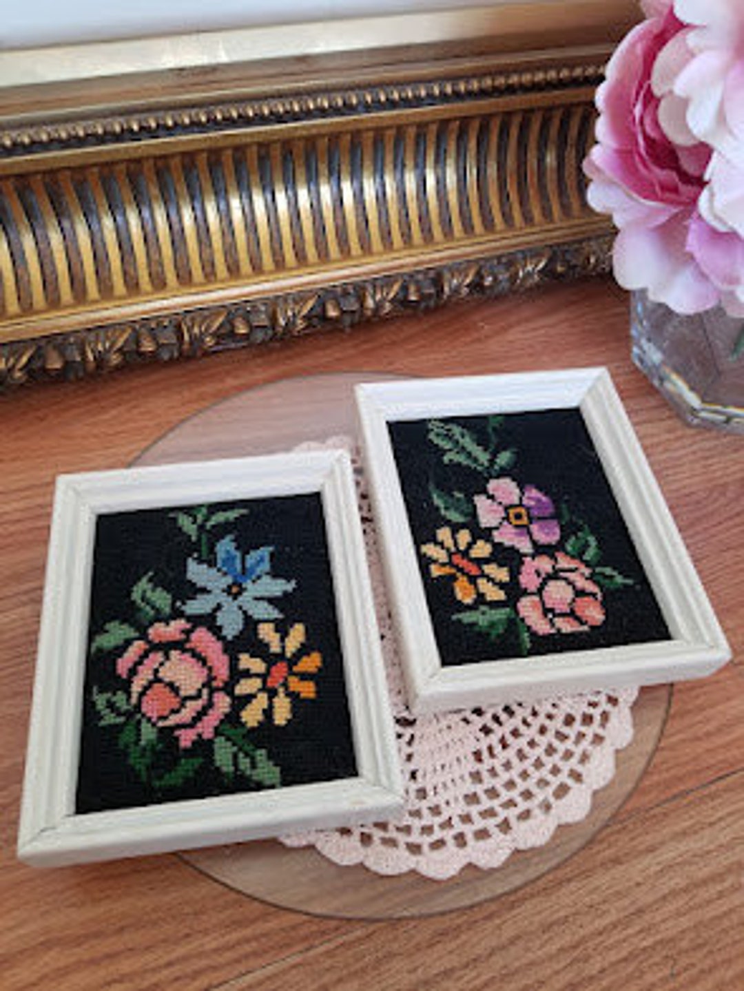 Vintage Pair of Mini Canvas French Cross Stich Retro Wall Hanging ...