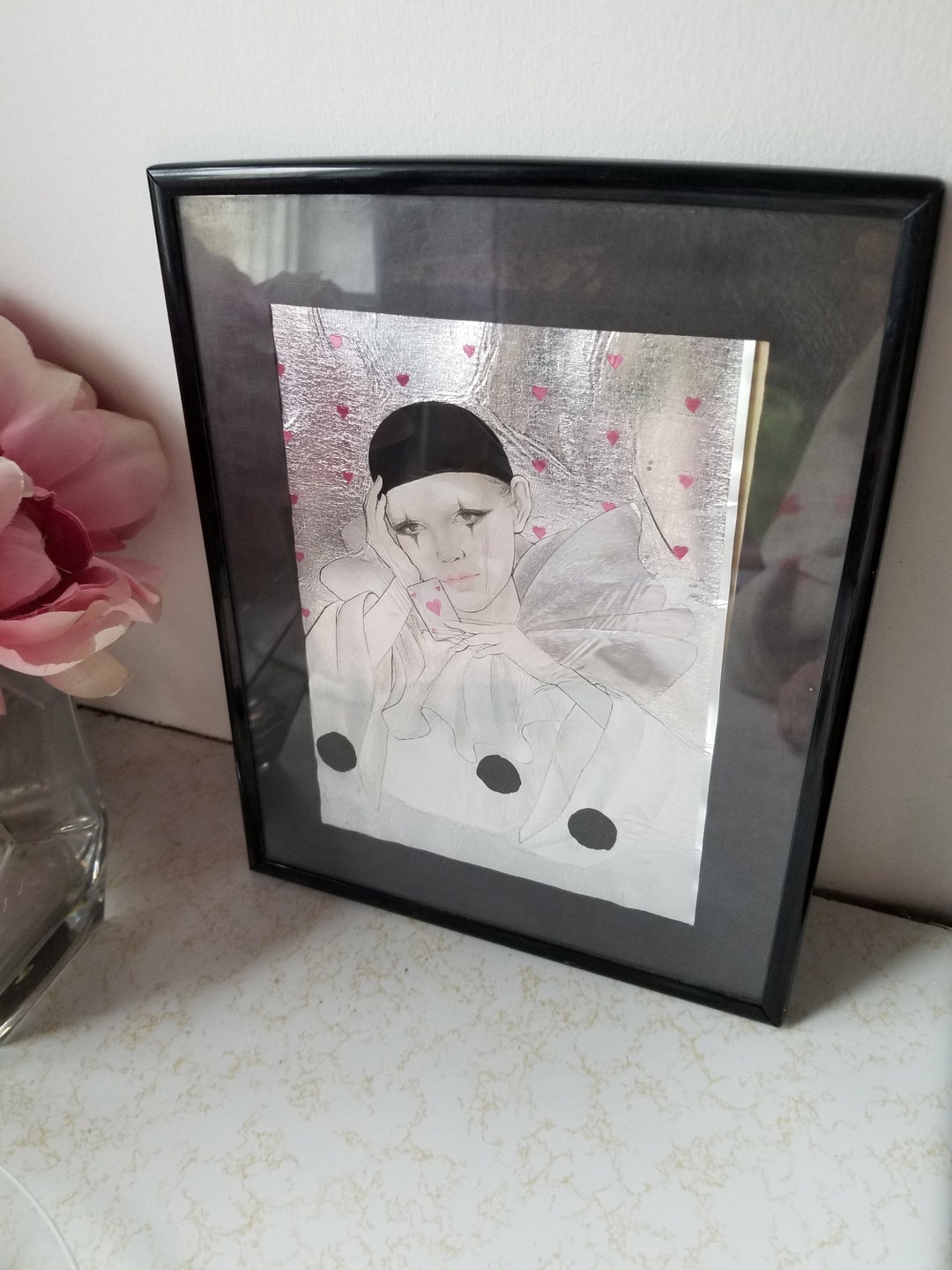 Vintage 1980's Pierrot Etched Foil Framed Picture French Clown Sad Mime ...