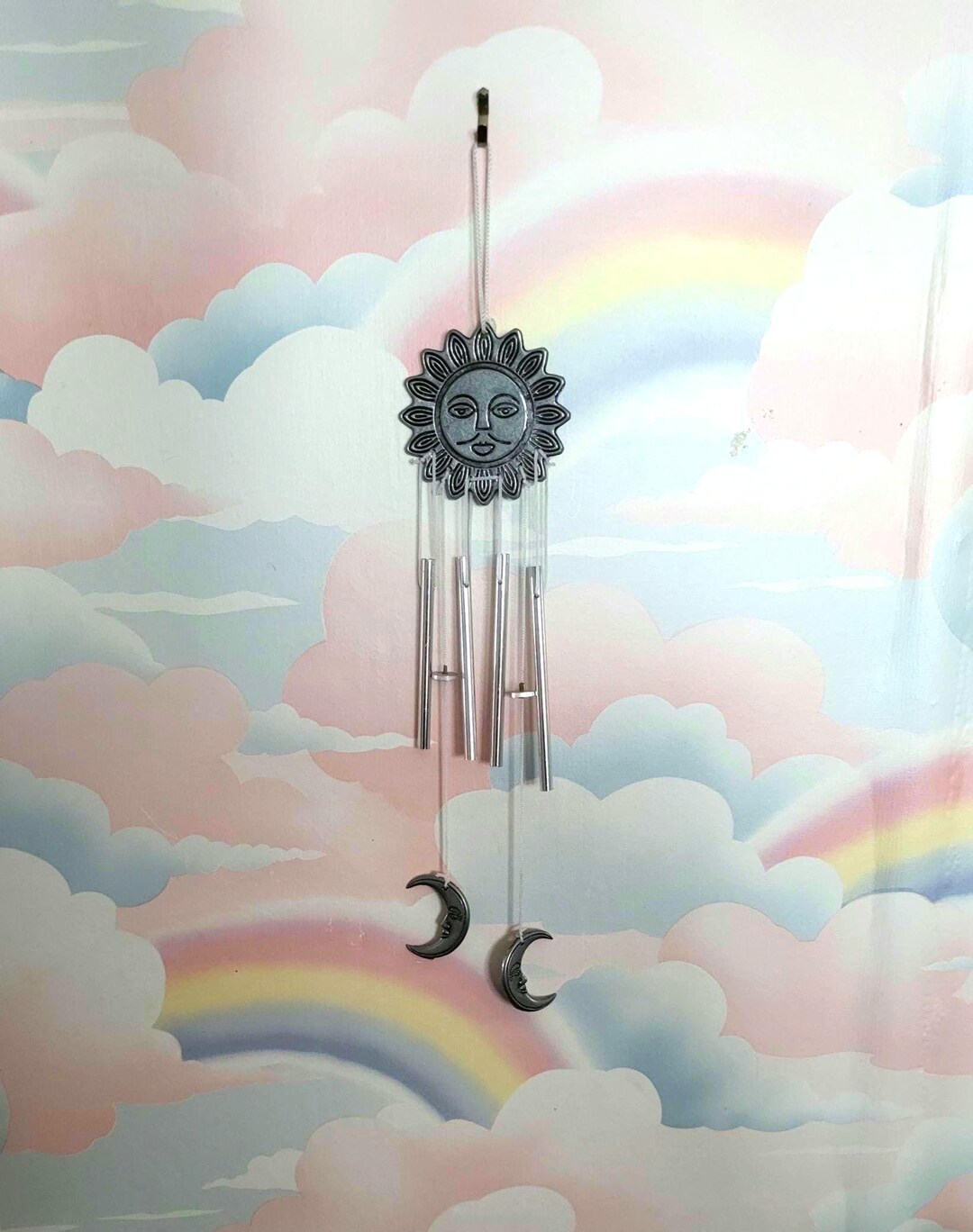 Vintage Celestial Solar Wind Chimes Outdoor Metal Silver Color. Sun and ...