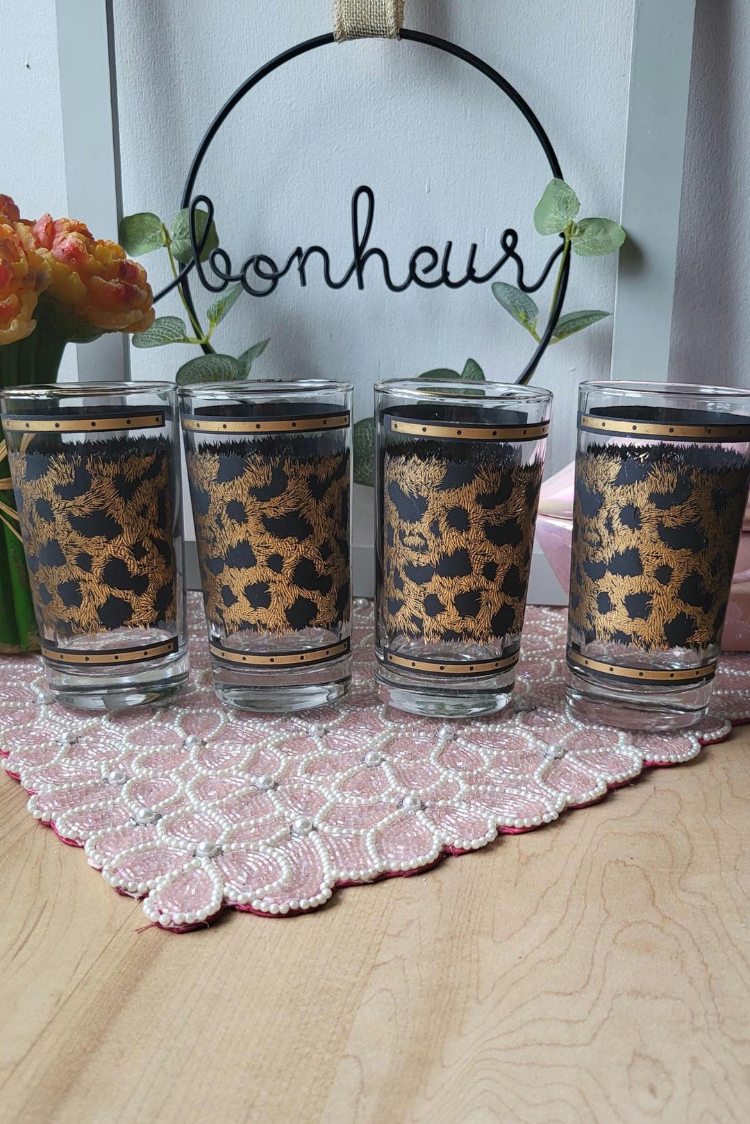 Vintage Rare Set of 5 Animal Print Leopard Cheetah Print Black and Gold ...
