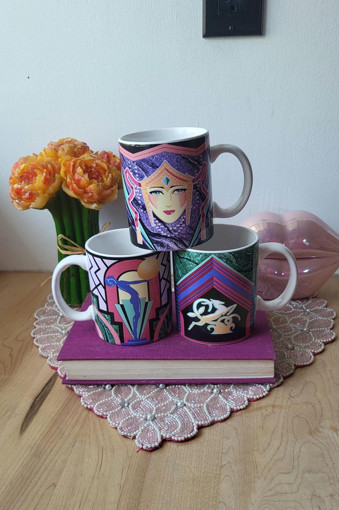 Vintage Set of 3 Rare Art Deco 80s Mugs by Pelzman Design Postmodern ...