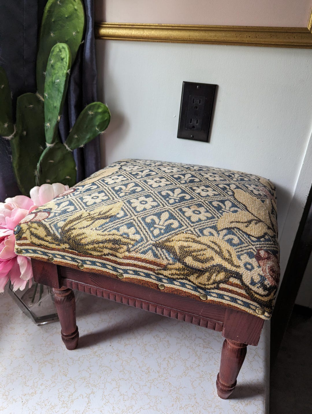 Vintage French Stool Cushioned Openable Seat Wood & Needlepoint Fabric ...