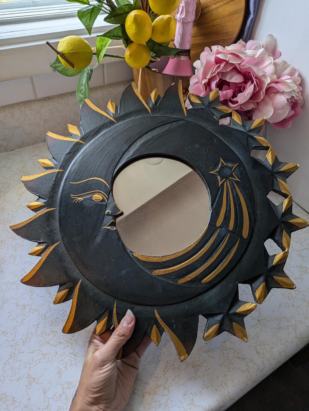 Vintage Wooden Sun and Moon Wall Hanging Decorative Mirror Black and ...