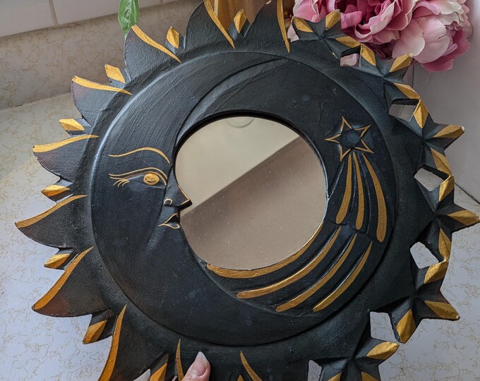 Vintage Wooden Sun and Moon Wall Hanging Decorative Mirror Black and ...