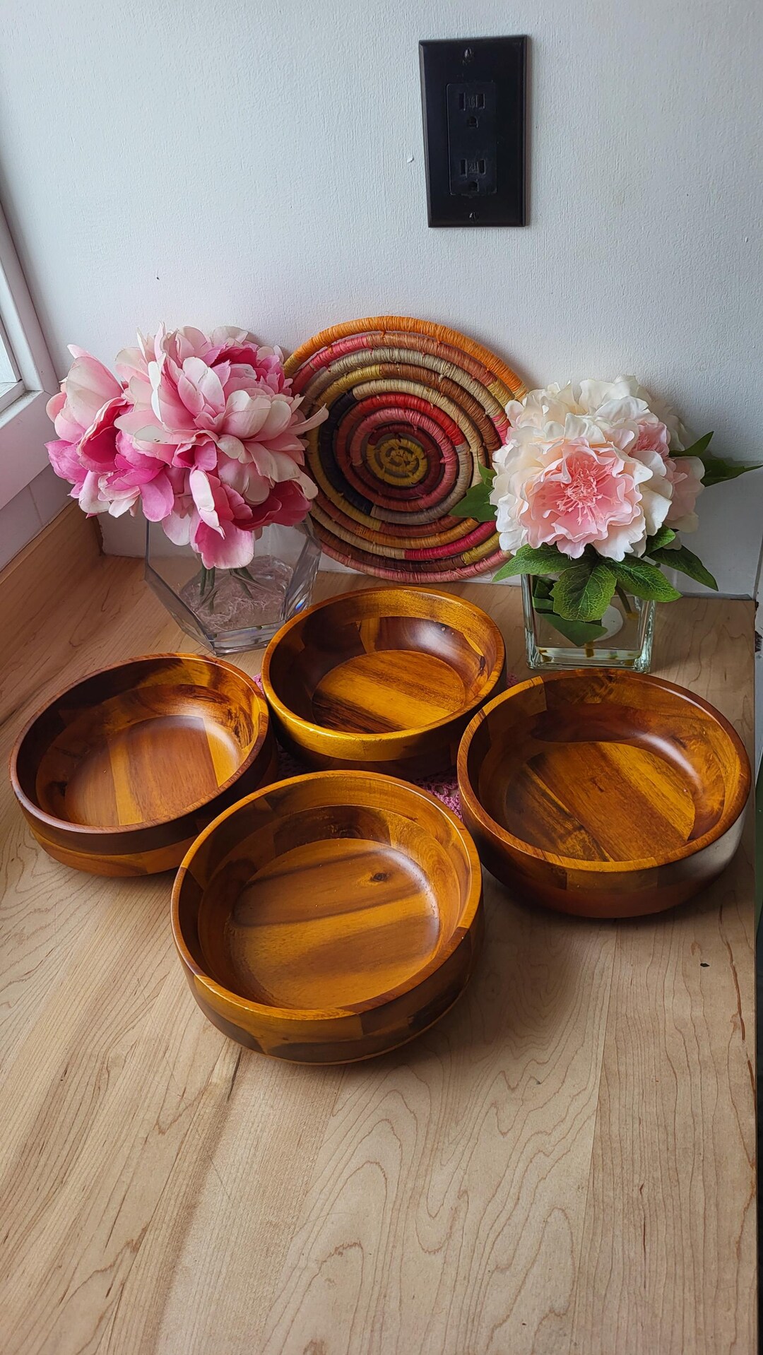 Turned Wood Salad Bowls - Set of 4 - Handmade - Multicolor Patchwork ...