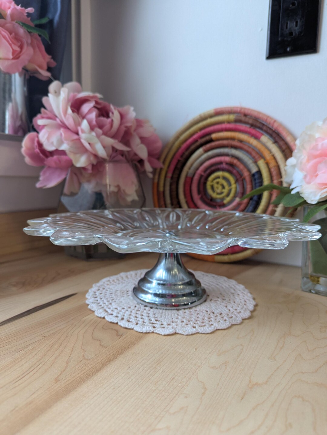 Vintage Federal Glass Cake Stand Clear Glass & Silver Stainless ...