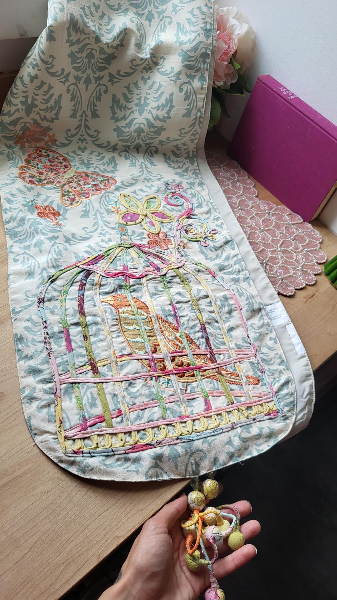 Vintage 90's Y2K Kitsch Table Runner With Tassels. Birds in Birdcage ...