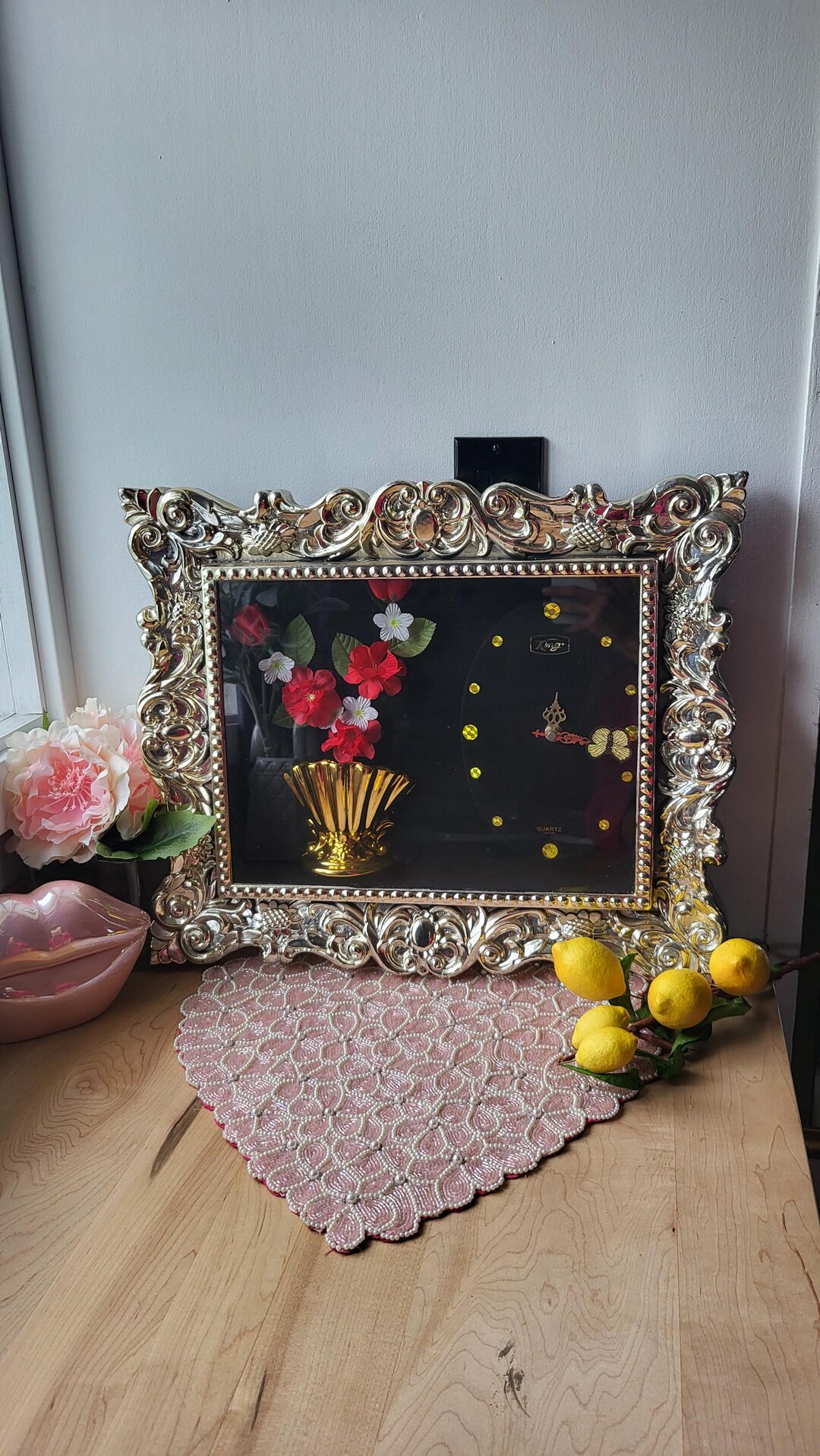 Vintage MCM Kirch Oriental Shadow Box Framed Art Clock Roses Birds. - Etsy