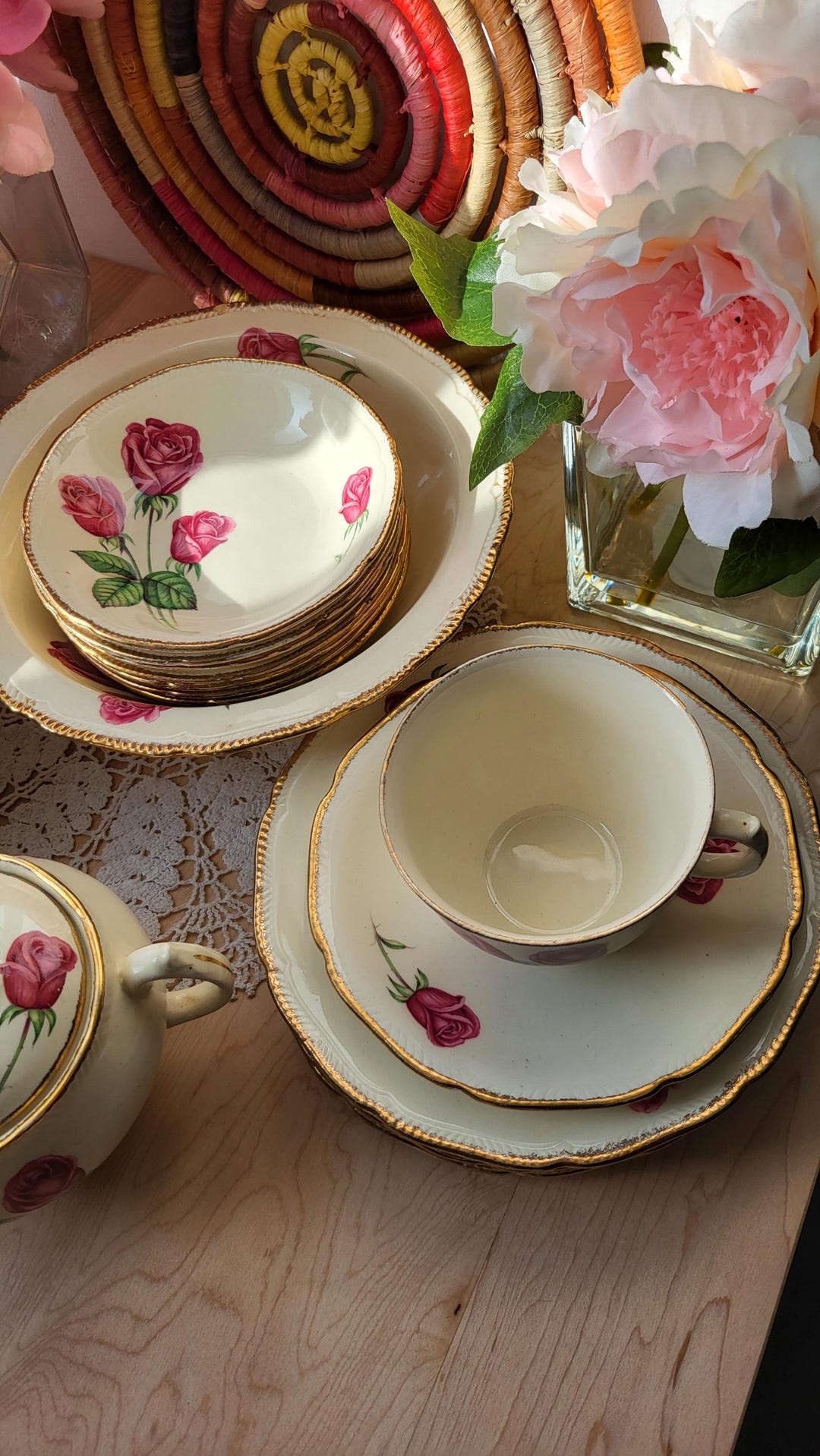 Vintage Dinnerware Set Anniversary Rose. Pink Floral Design. Golden 22k ...