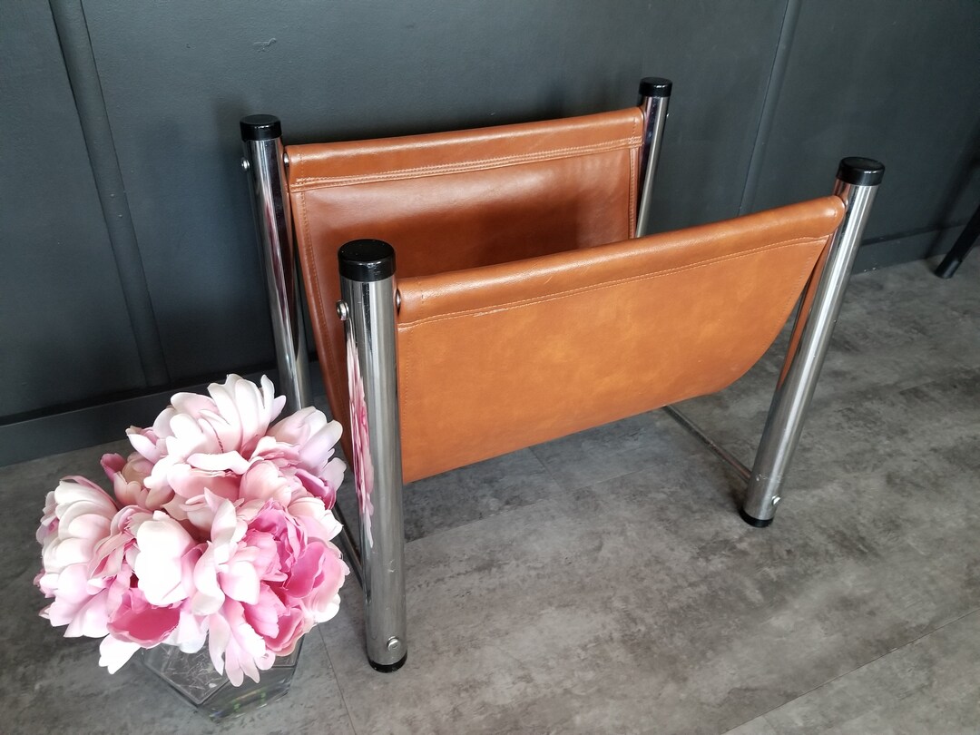 Vintage MCM Mid Century Chrome & Brown Leather Sling Magazine Rack - Etsy
