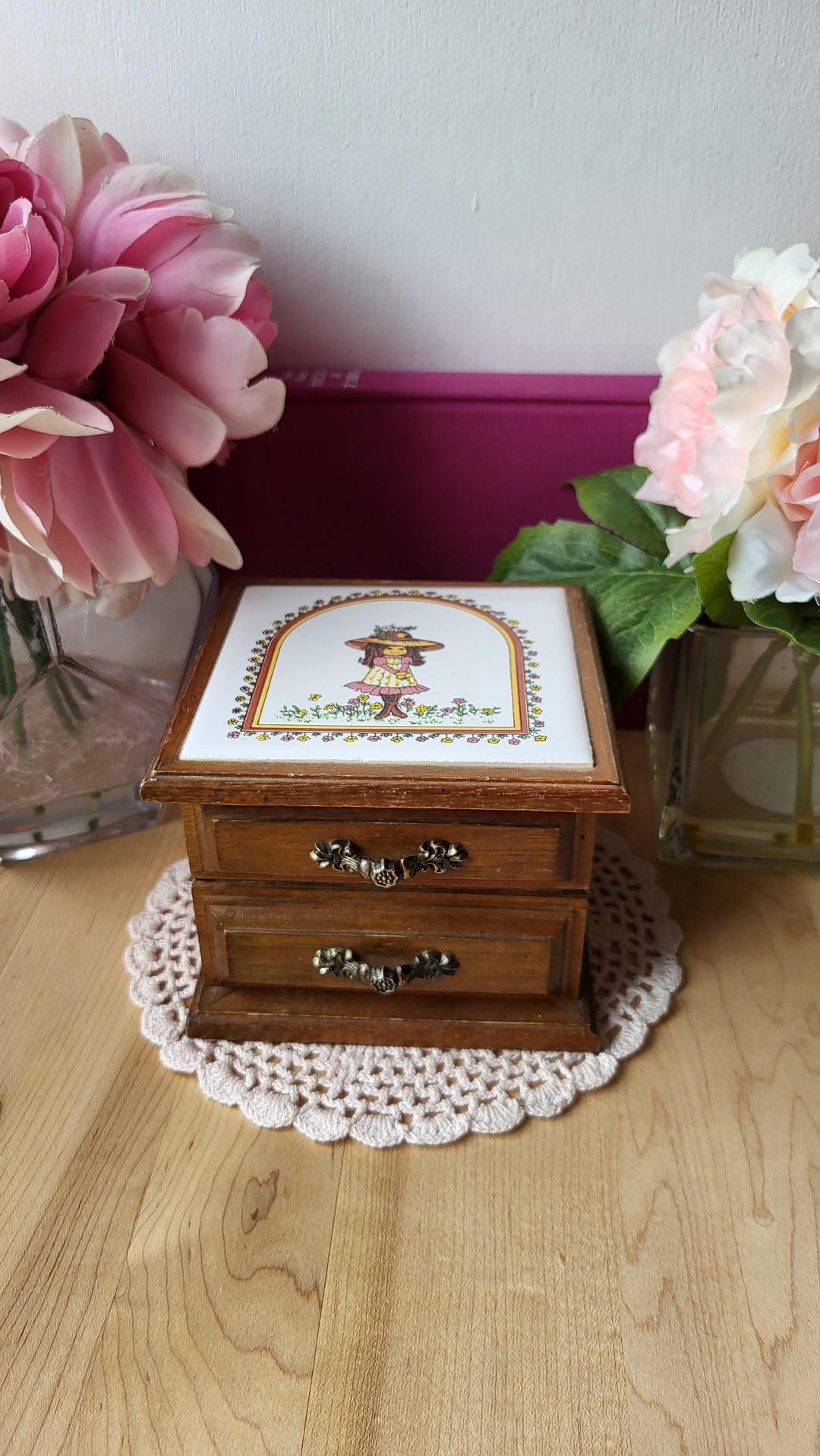 Vintage Cute Wooden Jewelry Box Two Drawers Yellow Inside Little Miss ...