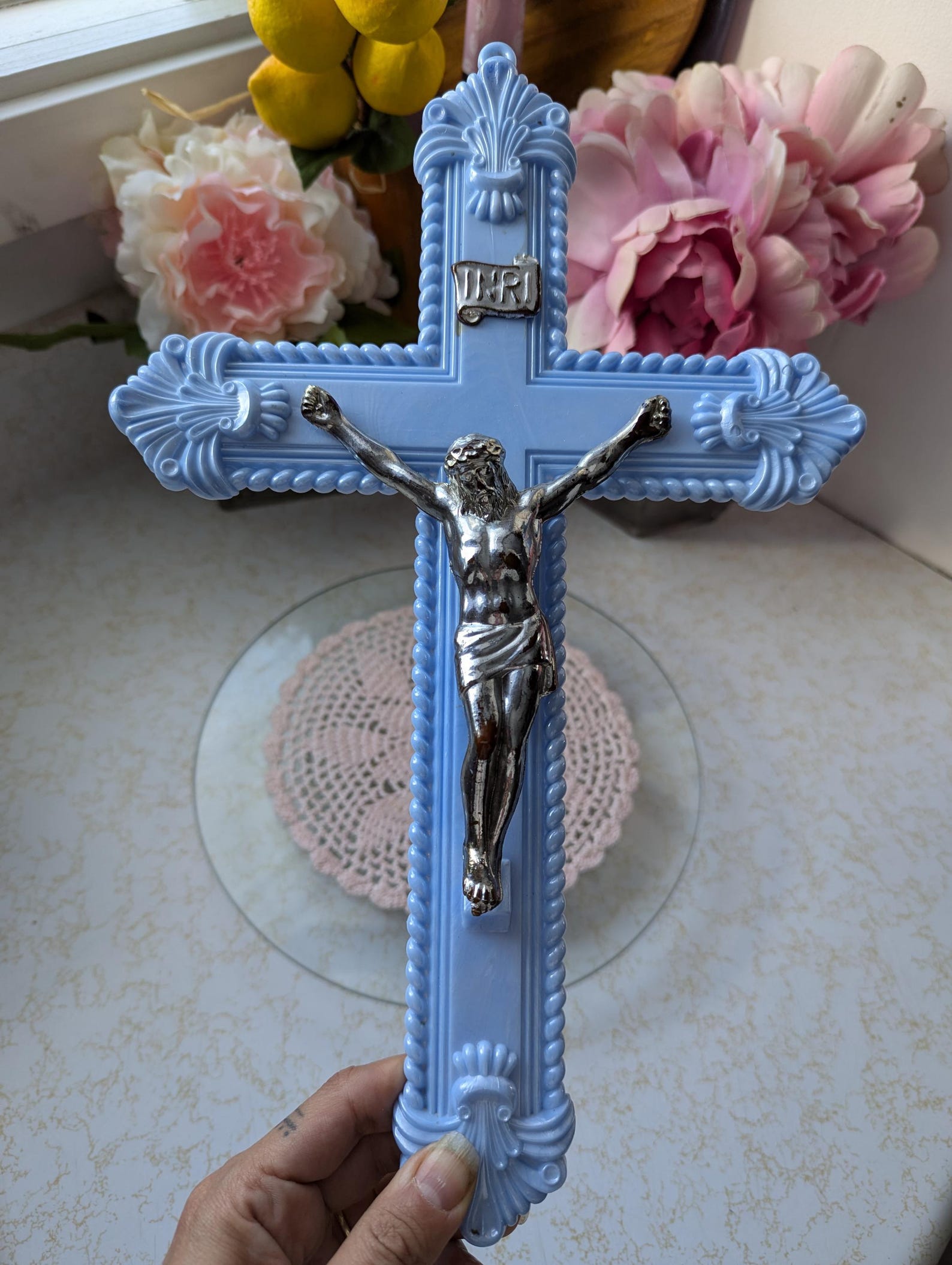 Vintage Plastic Crucifix With Christ Baby Blue Religious Decor Baptism ...