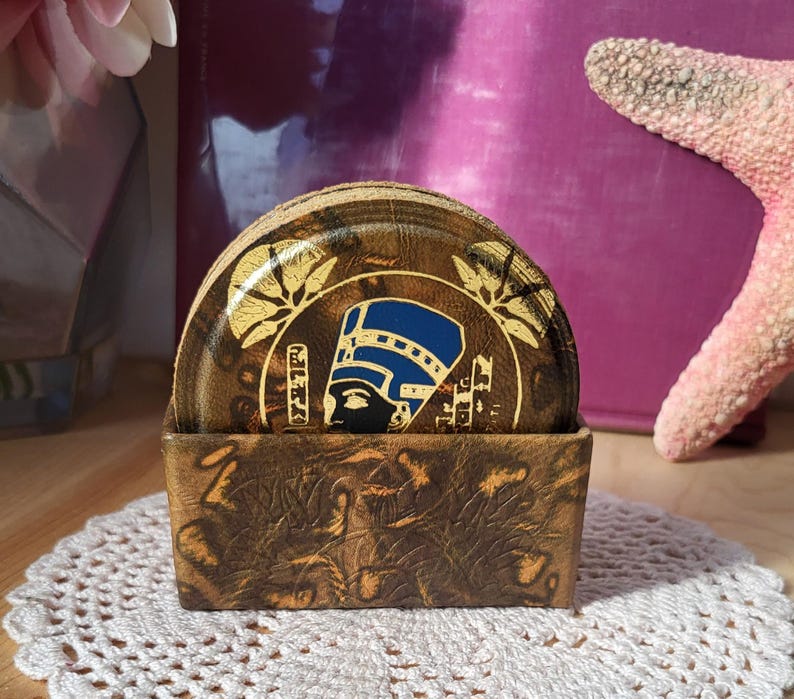 Vintage Egyptian Camel Leather Coaster. Set of 5, Nefertiti, Pharaoh ...