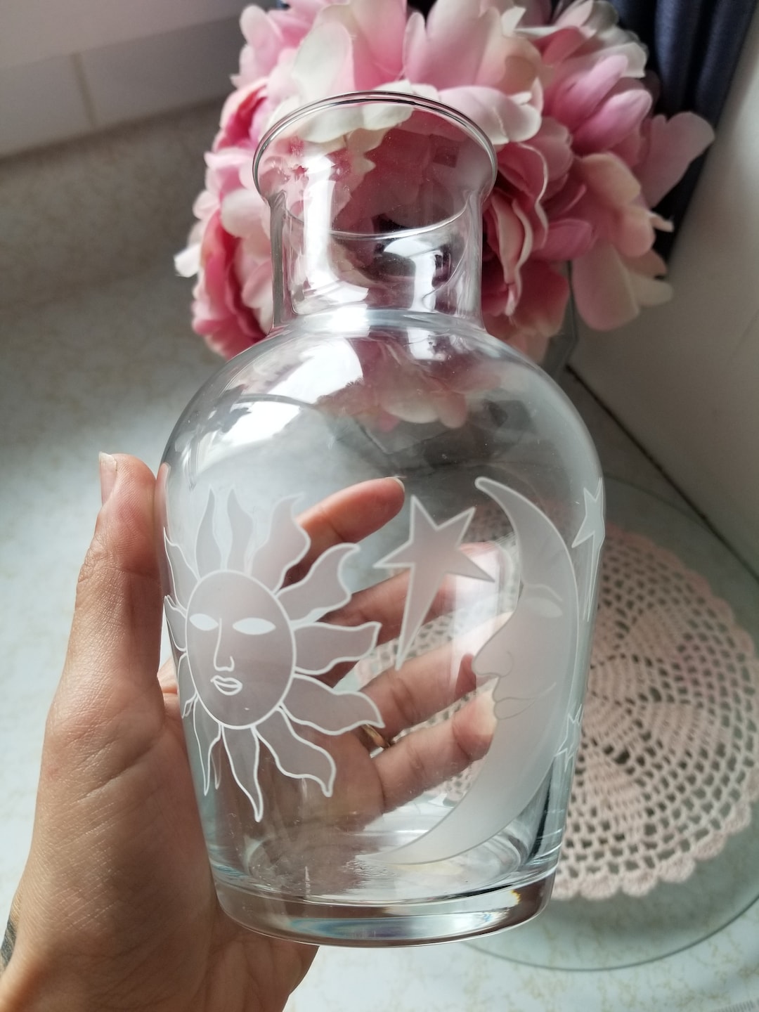 Vintage Clear Glass Sun Moon Star Vase Boho Home Decor Solar Zodiac ...