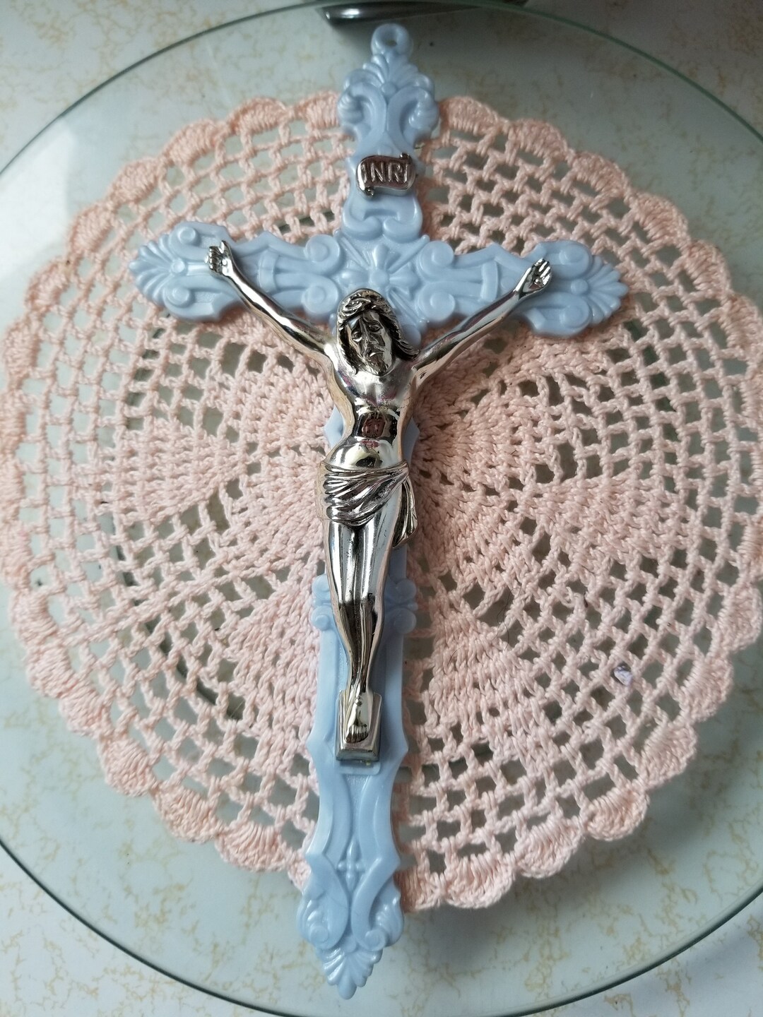 Vintage Plastic Crucifix With Christ Baby Blue Religious Decor Baptism ...