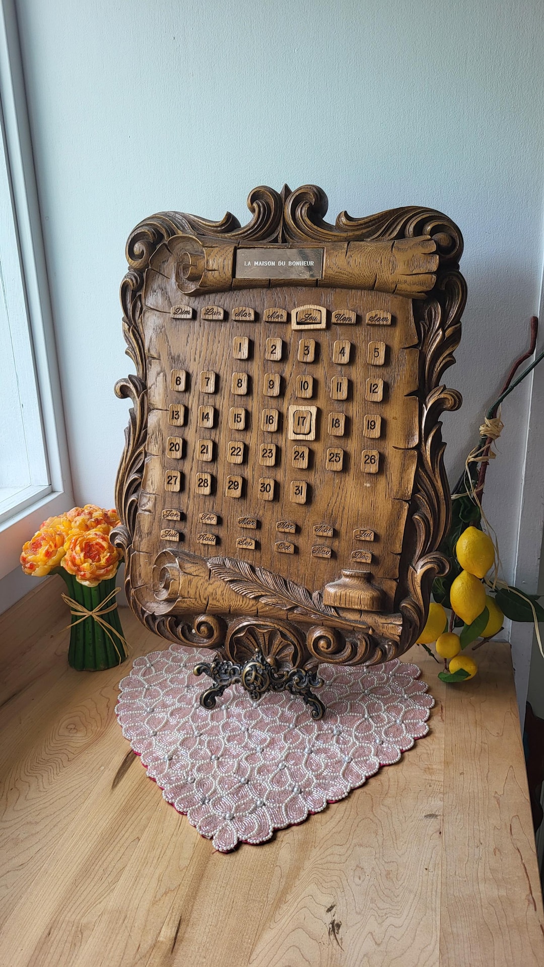 Vintage Wooden Perpetual Calendar, Hand Carved French Calendar, Wood ...