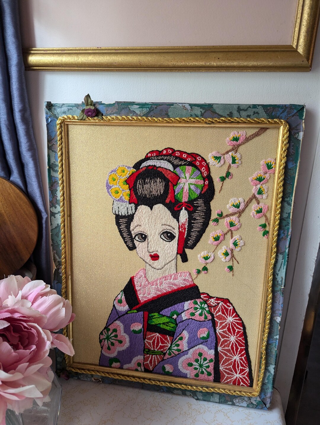 Vintage Japanese Geisha Bunka Silk Embroidery Cartoon Style Funky Frame ...