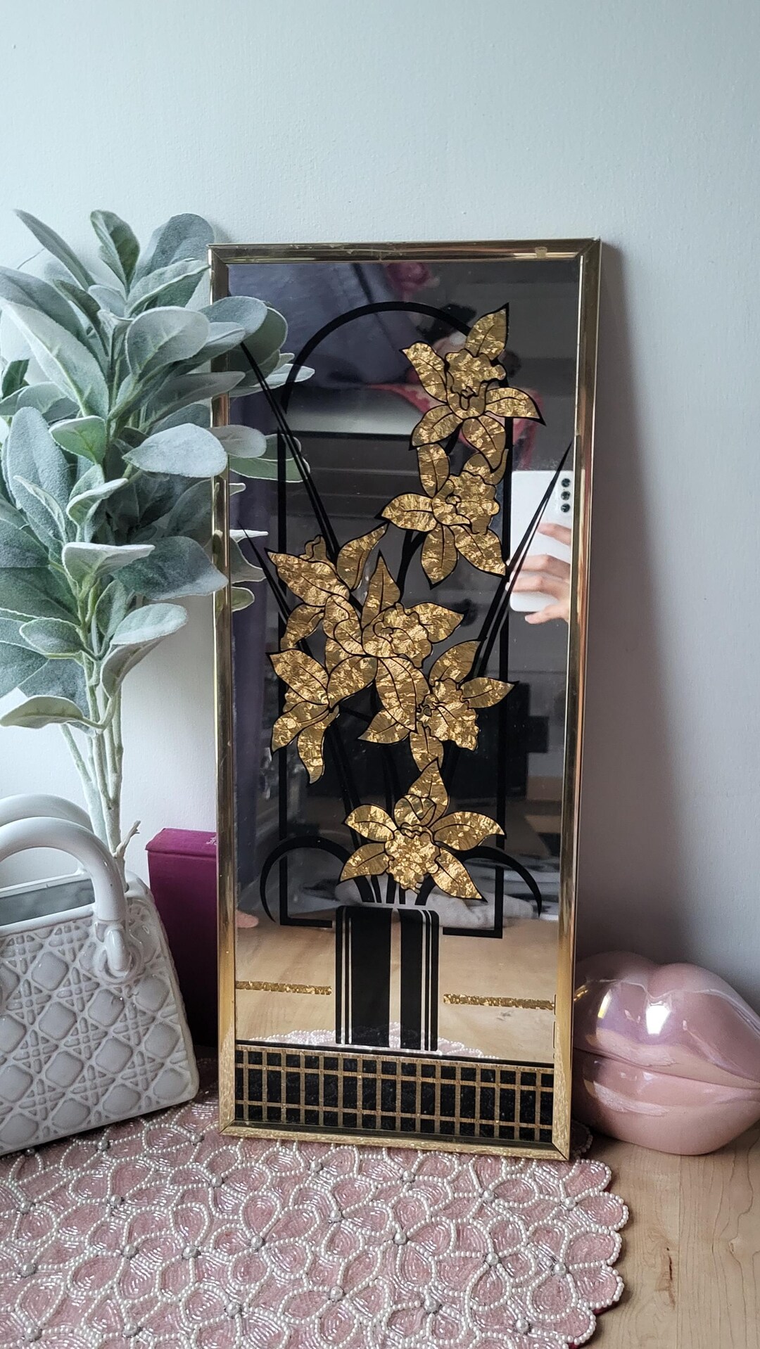 Vintage 80s Retro Exotic Kitsch Boho Gold Framed Wall Mirror Postmodern ...