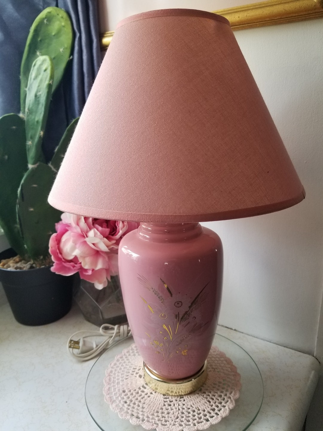 Vintage Pink Floral Glass Lamp – Flowers and Weat Pastel Lamp, 80s ...