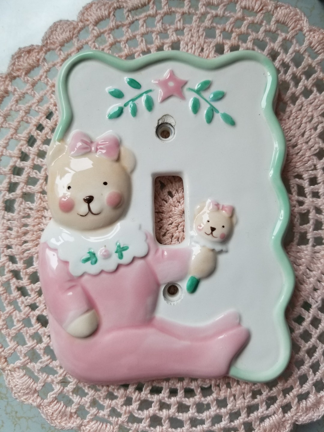 Vintage 80s Baby Nursery Light Switch Plate Pink White Ceramic ...