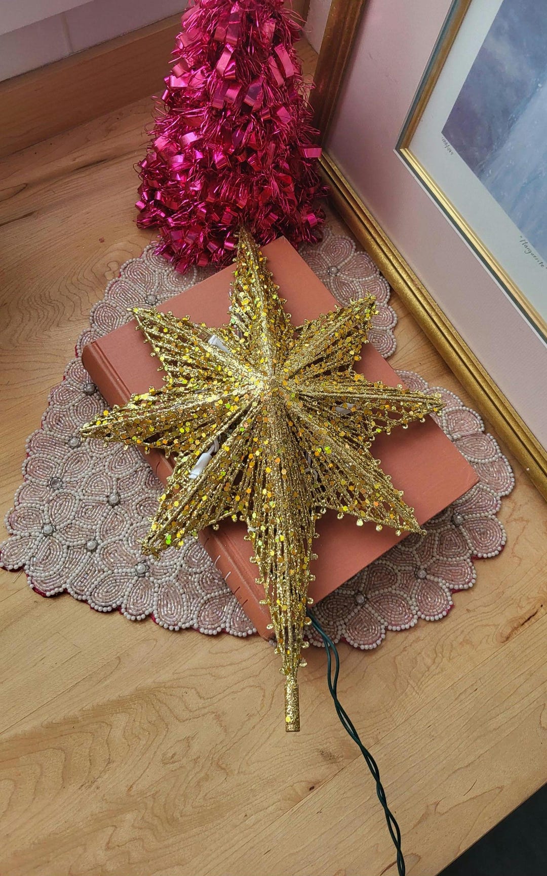 Vintage Lighted Christmas Tree Topper 8 Point Gold Tinsel Lighted Star ...