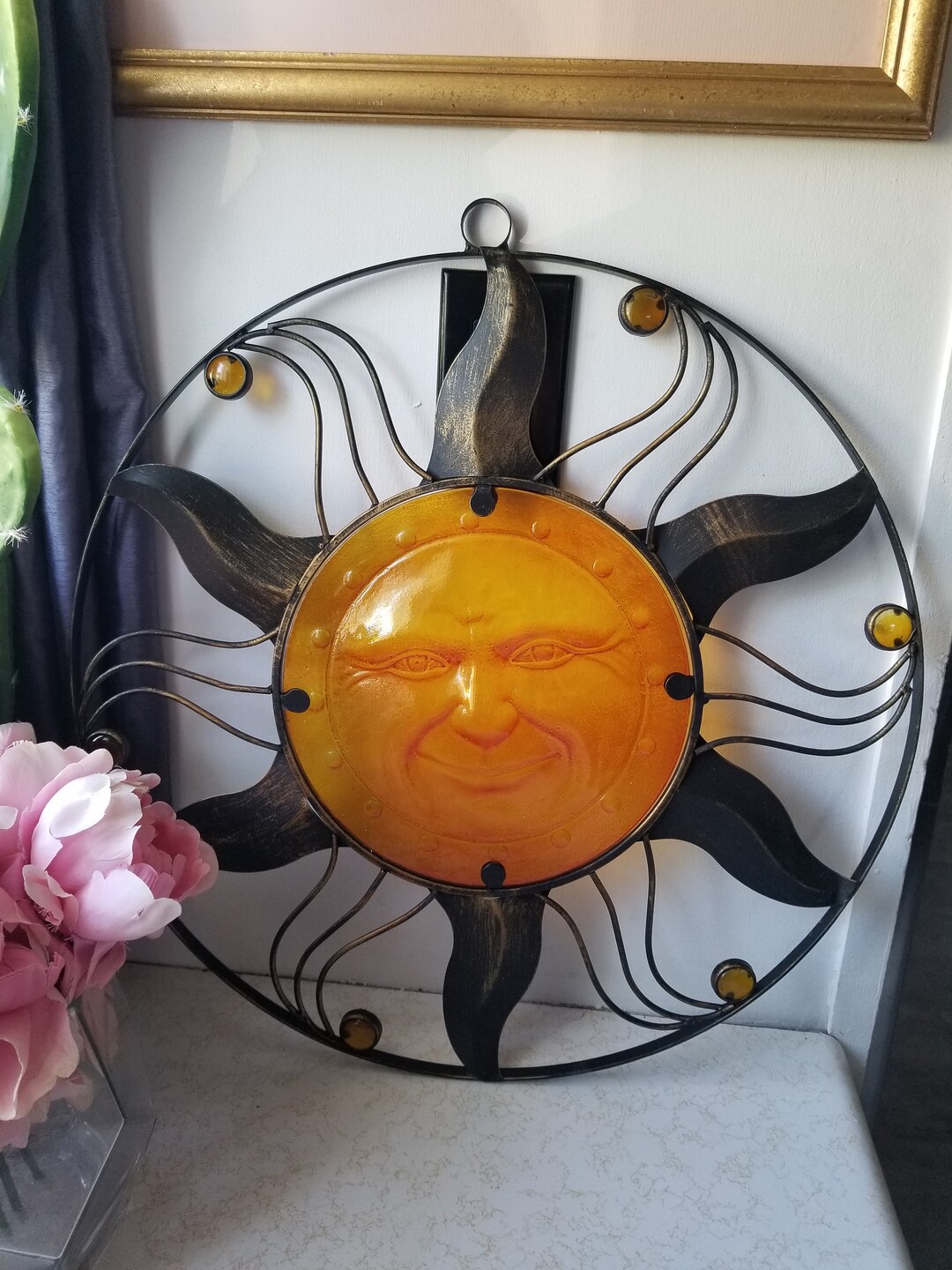 Vintage Large Metal Wall Art Celestial Sun Steel Sun Amber Glass Sun ...