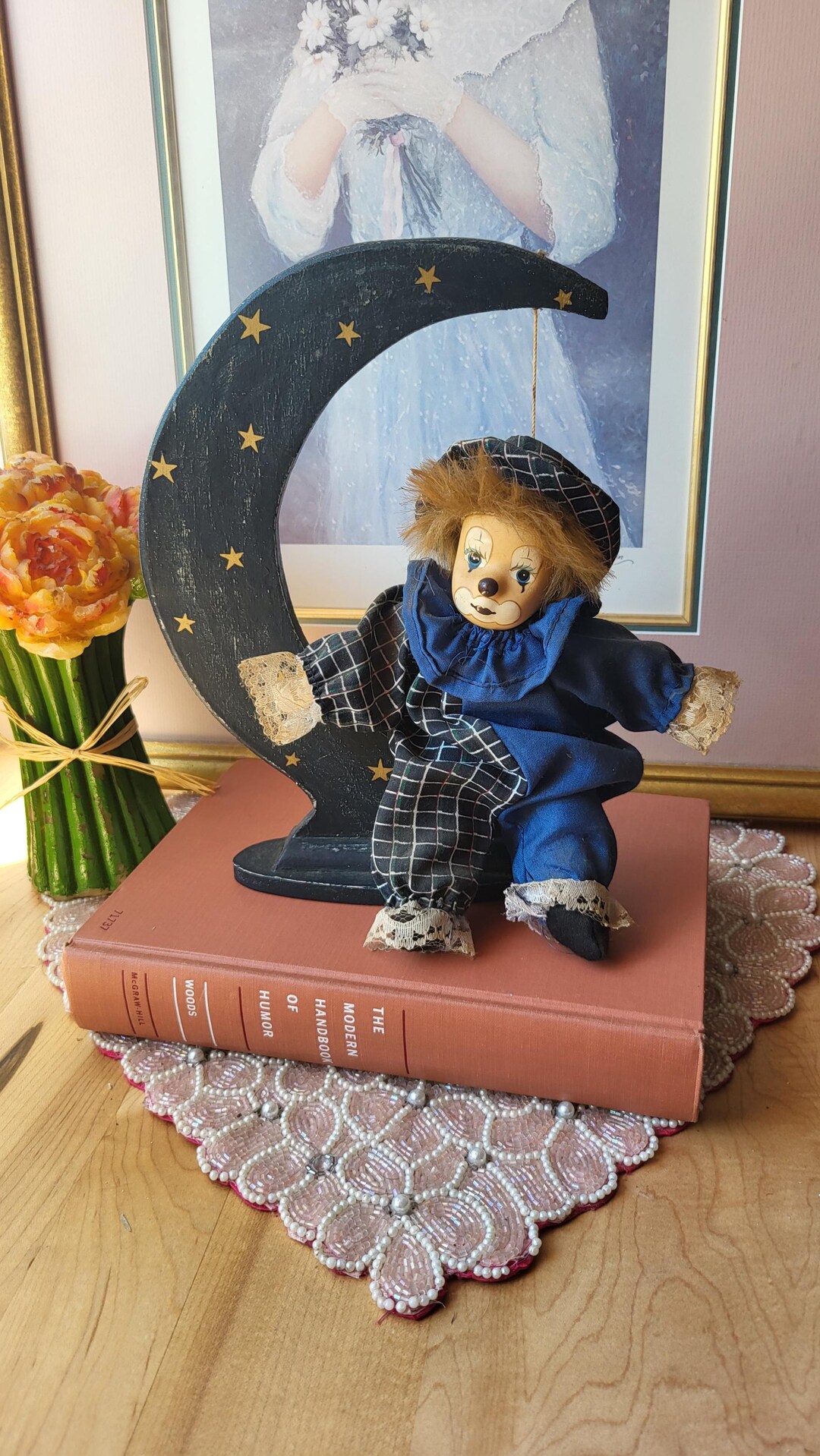 Vintage Clown Sitting on Moon Porcelain Doll, Vintage Interior Stuffed ...