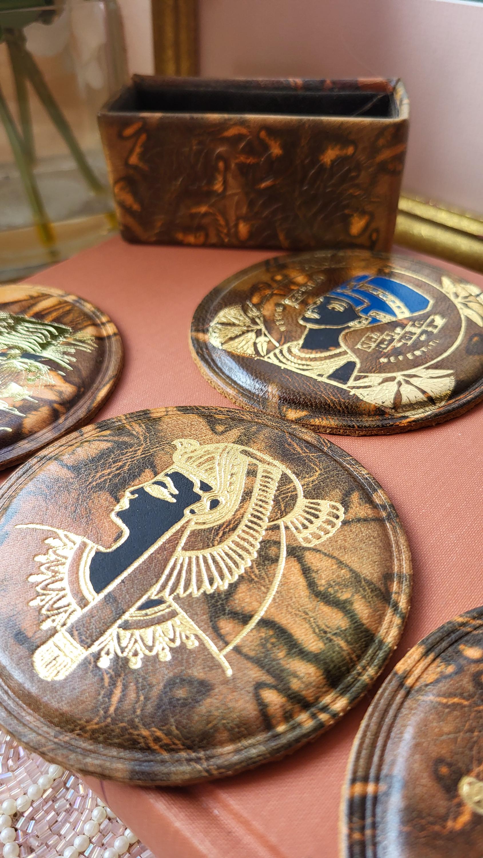 Vintage Egyptian Camel Leather Coaster. Set of 5, Nefertiti, Pharaoh ...