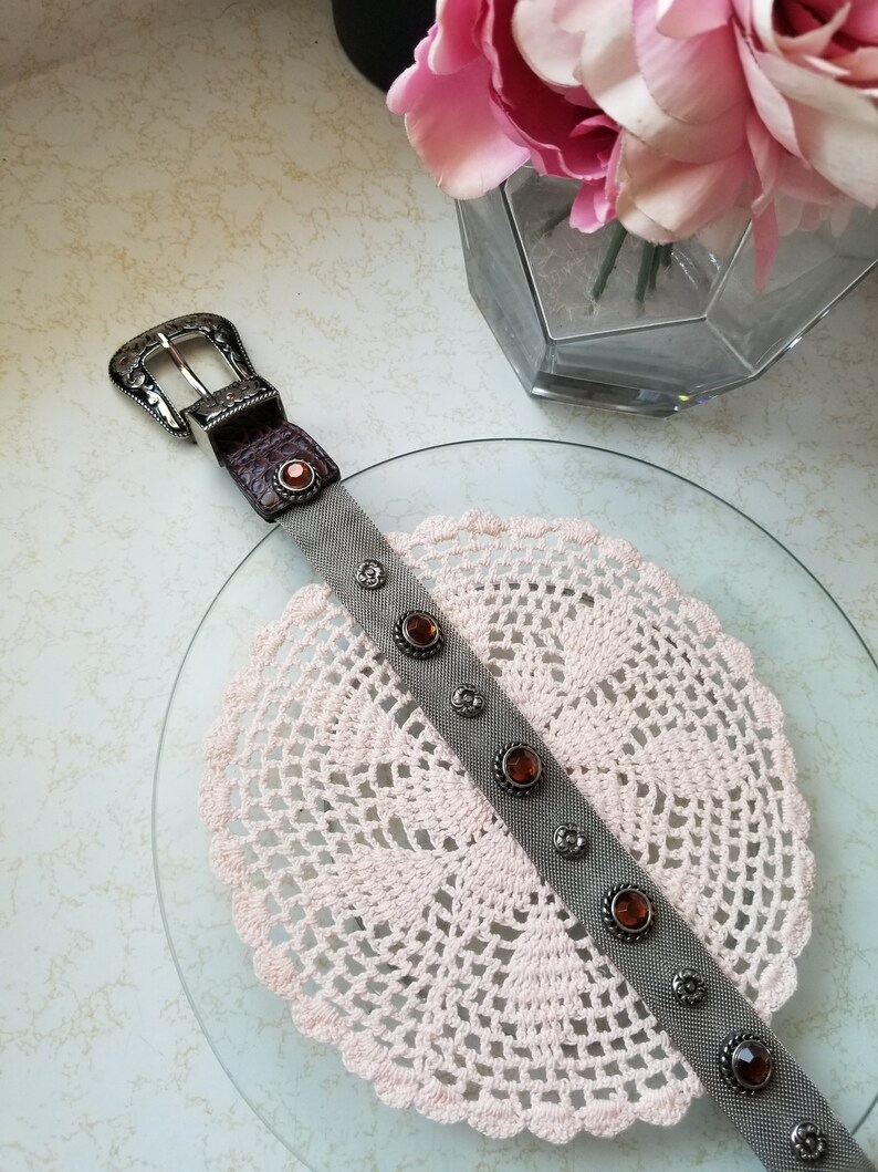 Vintage 80's Mesh Belt Silver Tone With Amber Color Rinestones Western ...