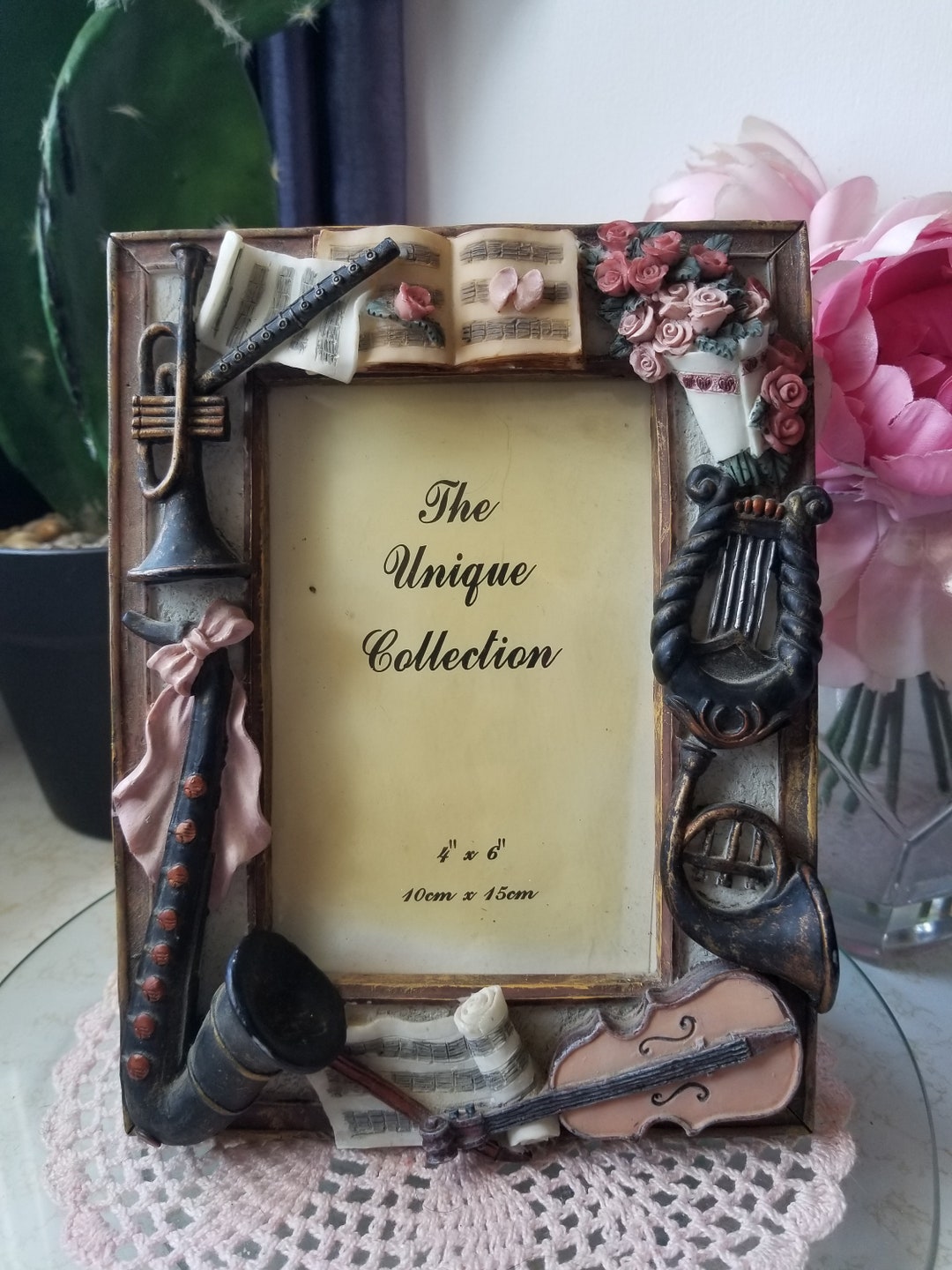Vintage Style Antique Effect Photo Frame Violin Trumpet Jazz and Roses ...