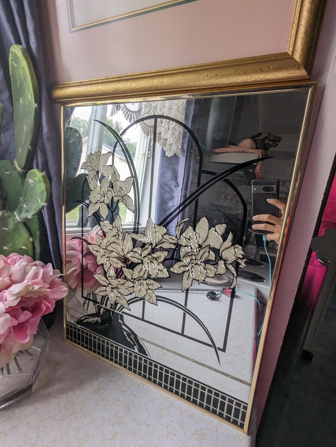 1980's Postmodern Art Mirror With Gold Flowers in Black Pottery Vase ...