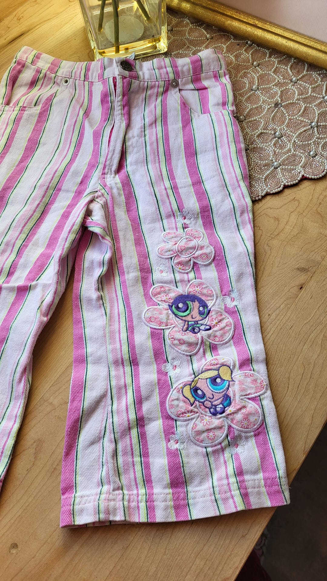 Vintage RARE Y2K Power Puff Girls Pants Denim Lined Green Pink White ...