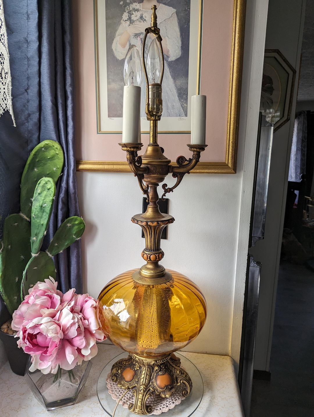 Vintage 1960s MCM Large Gold Amber Table Lamp Retro 5 Lights Decorative ...