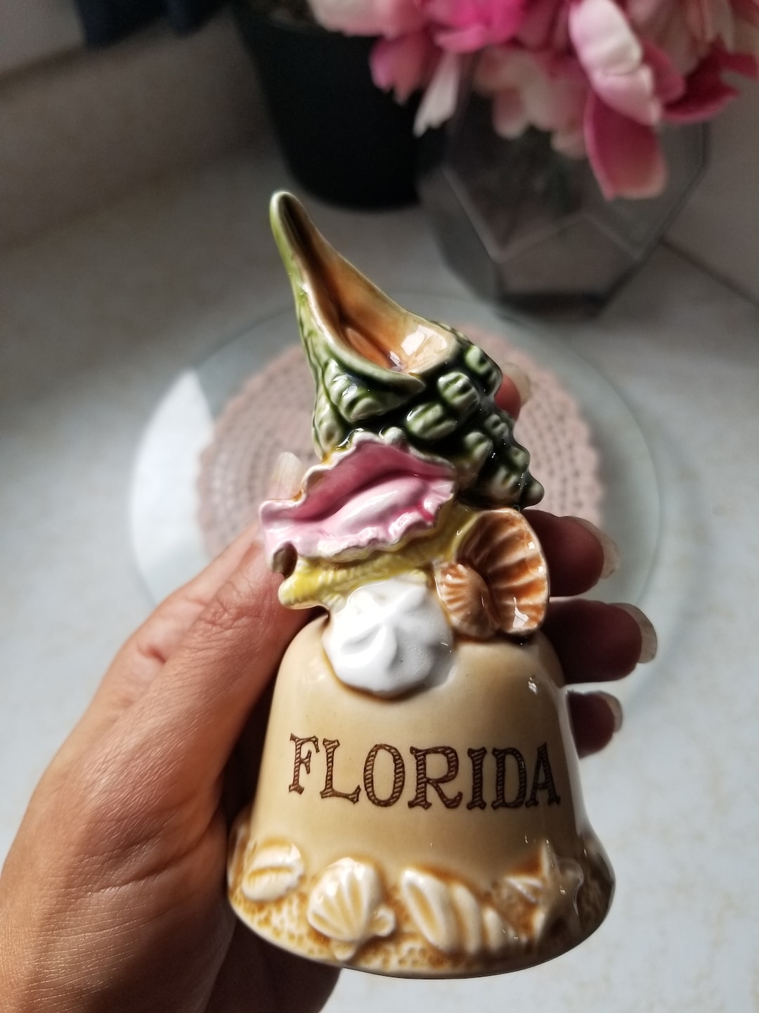 Vintage Flamingo Dinner Bell Florida Souvenir Sea Shell Conch Kitchen ...