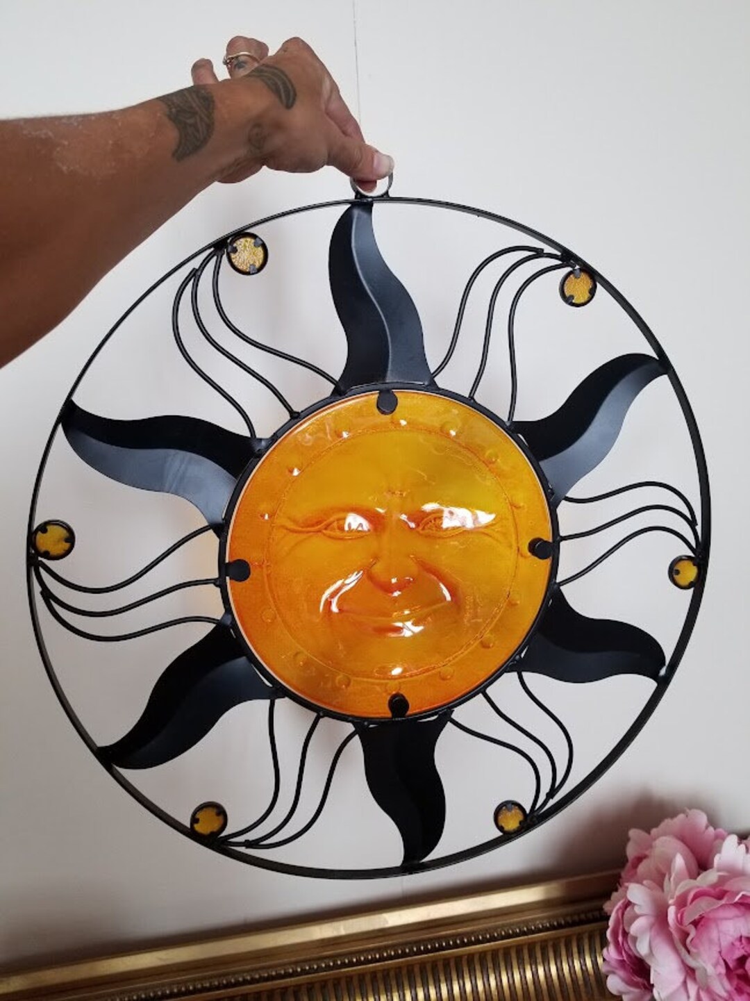 Vintage Large Metal Wall Art Celestial Sun Steel Sun Amber Glass Sun ...
