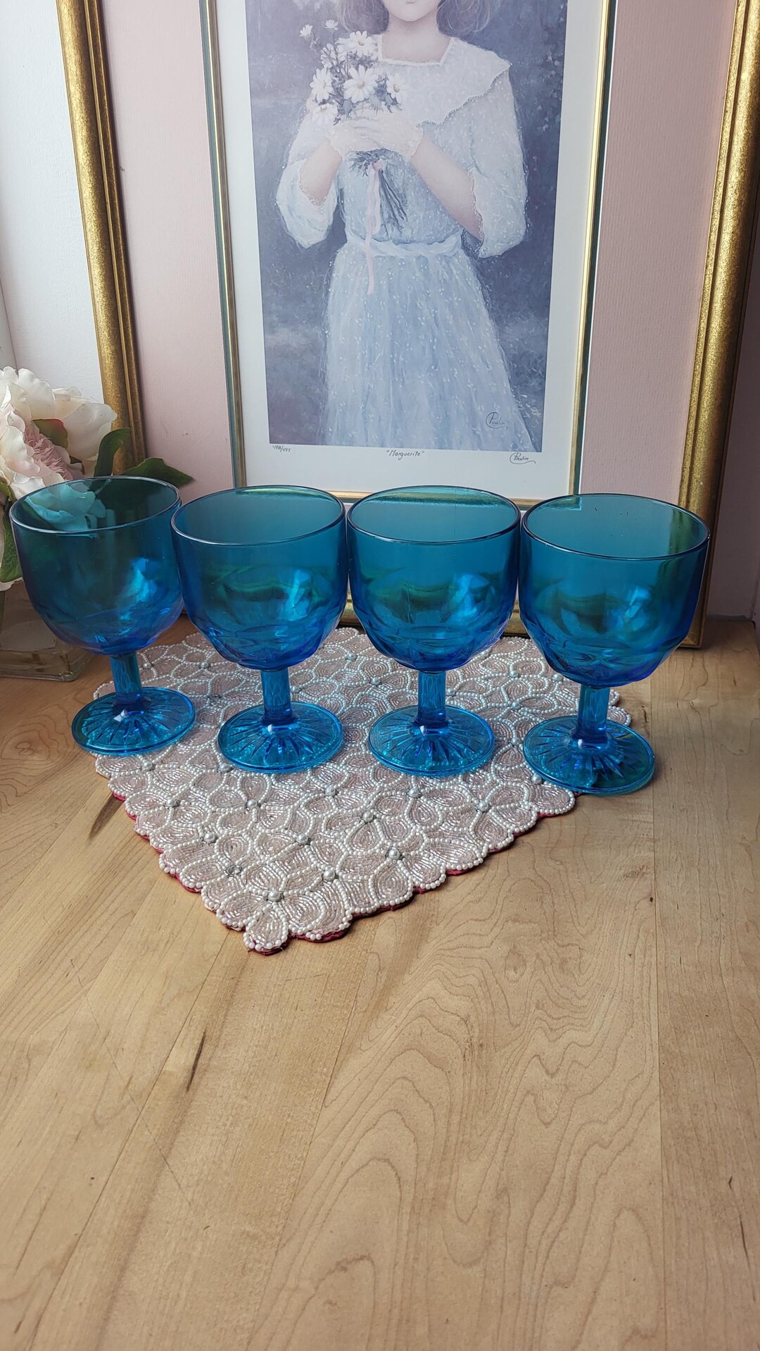 Vintage Aqua Glass Goblets Set of 4 Faceted Mid Century Modern Barware ...