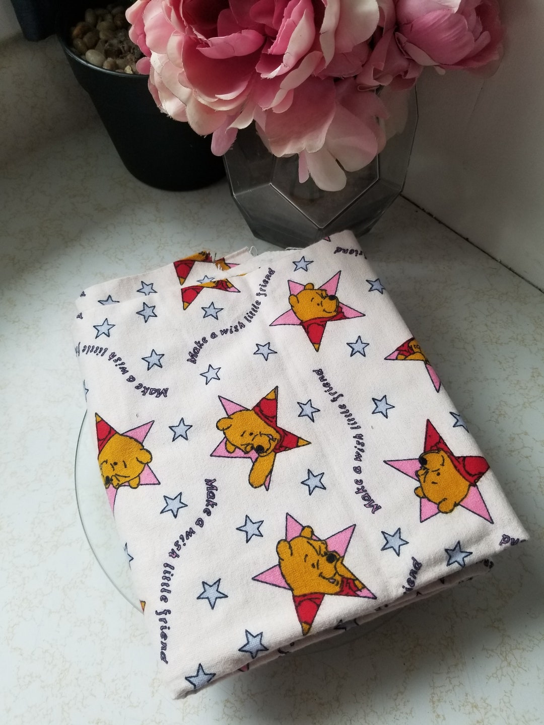 Vintage Disney Winnie the Pooh Fabric Soft Flannel Cotton Pattern Stars ...