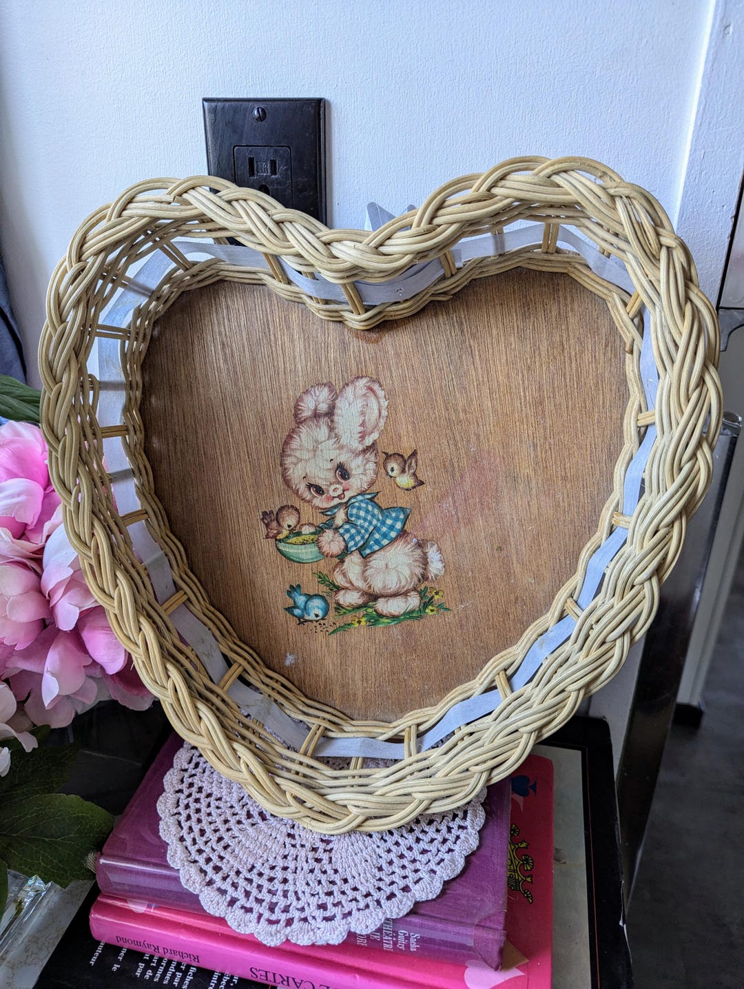 Vintage Wicker Rattan Heart Shaped Basket With Kitsch Bunny Image ...