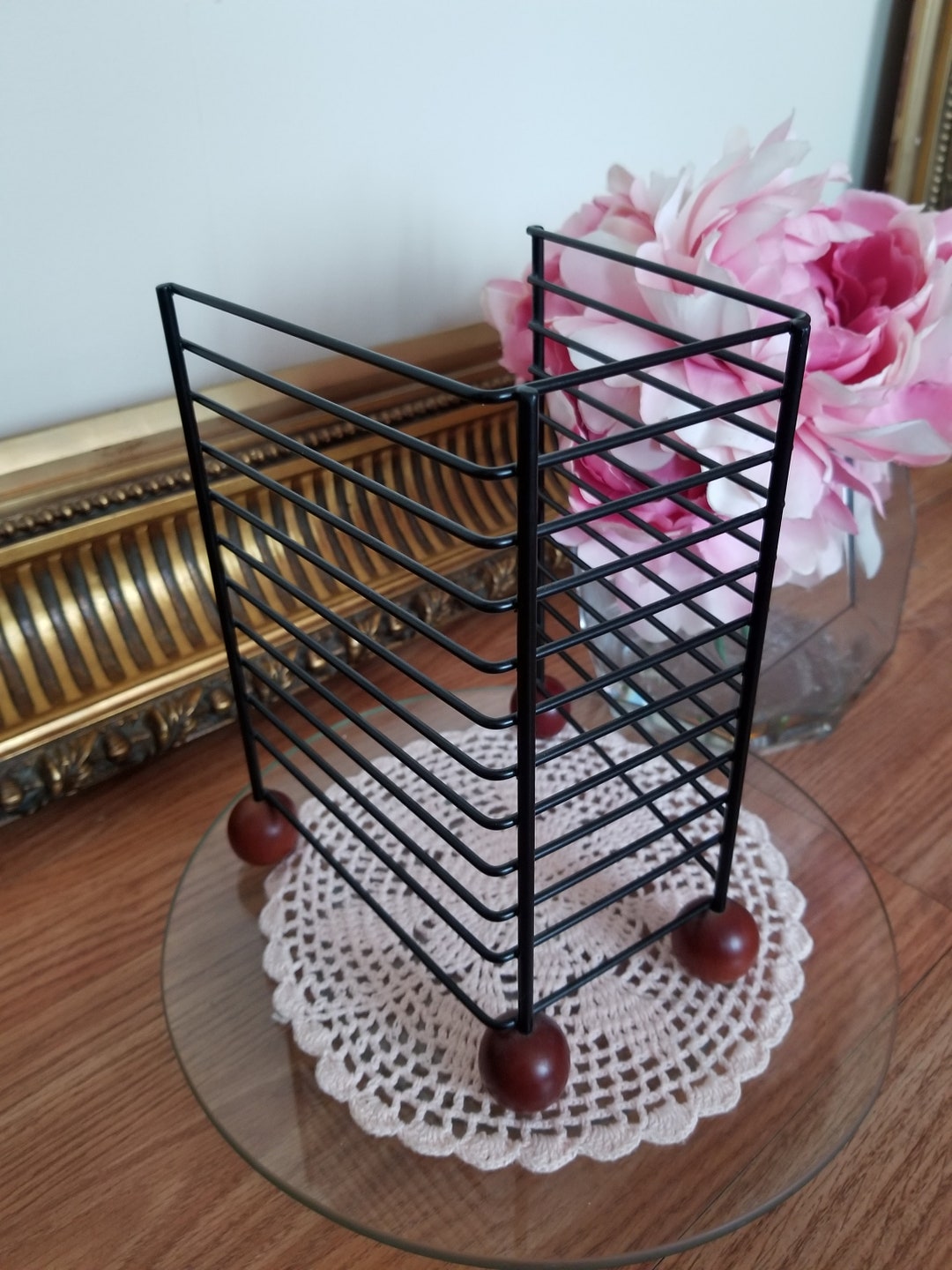 Vintage Black Metal CD Holder Storage Tower With Wooden Feet 11 Slots ...