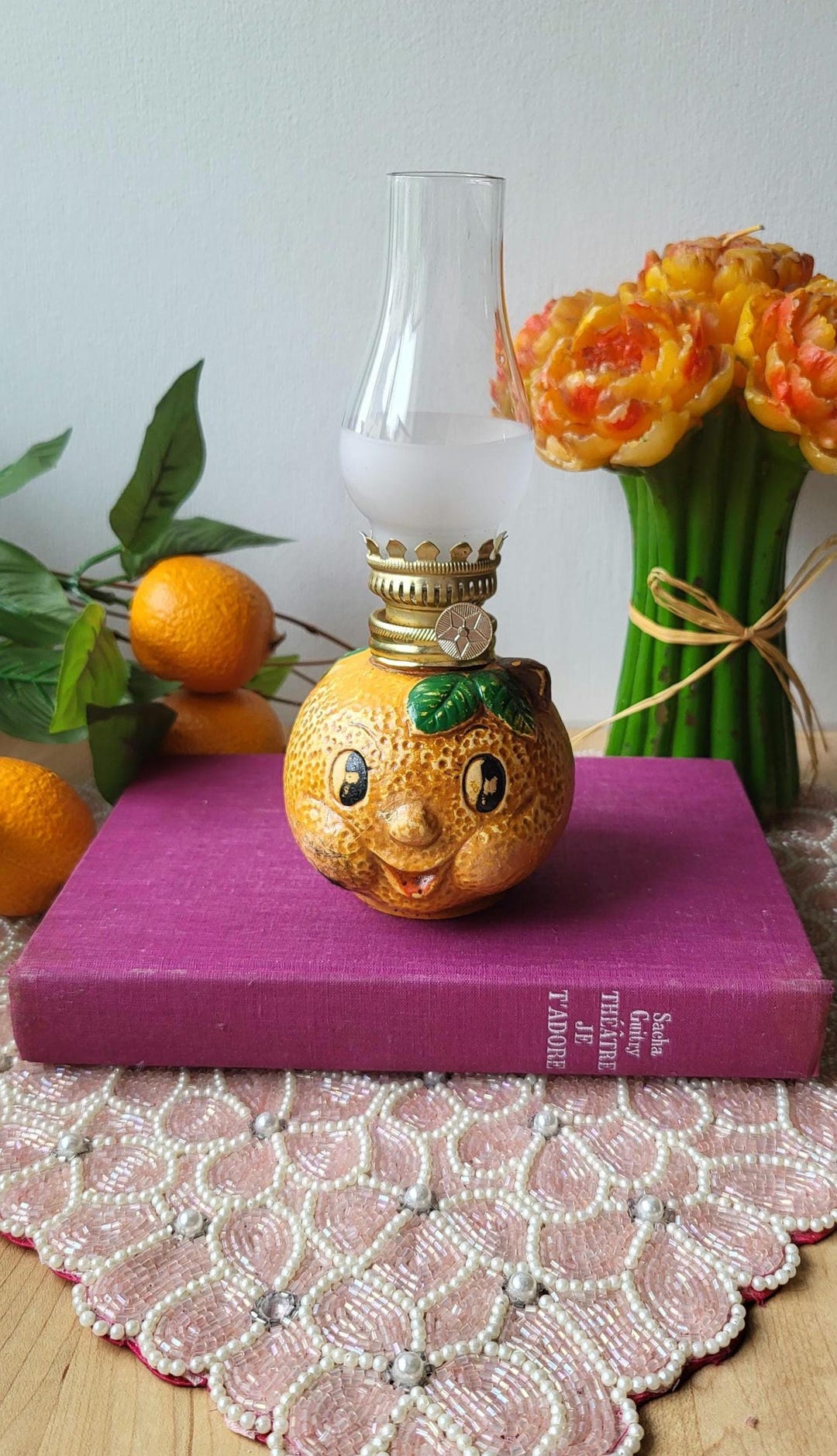 Vintage Miniature Oil Lamp, Orange Oil Lamp. Figural Orange Lamp, 1950s ...