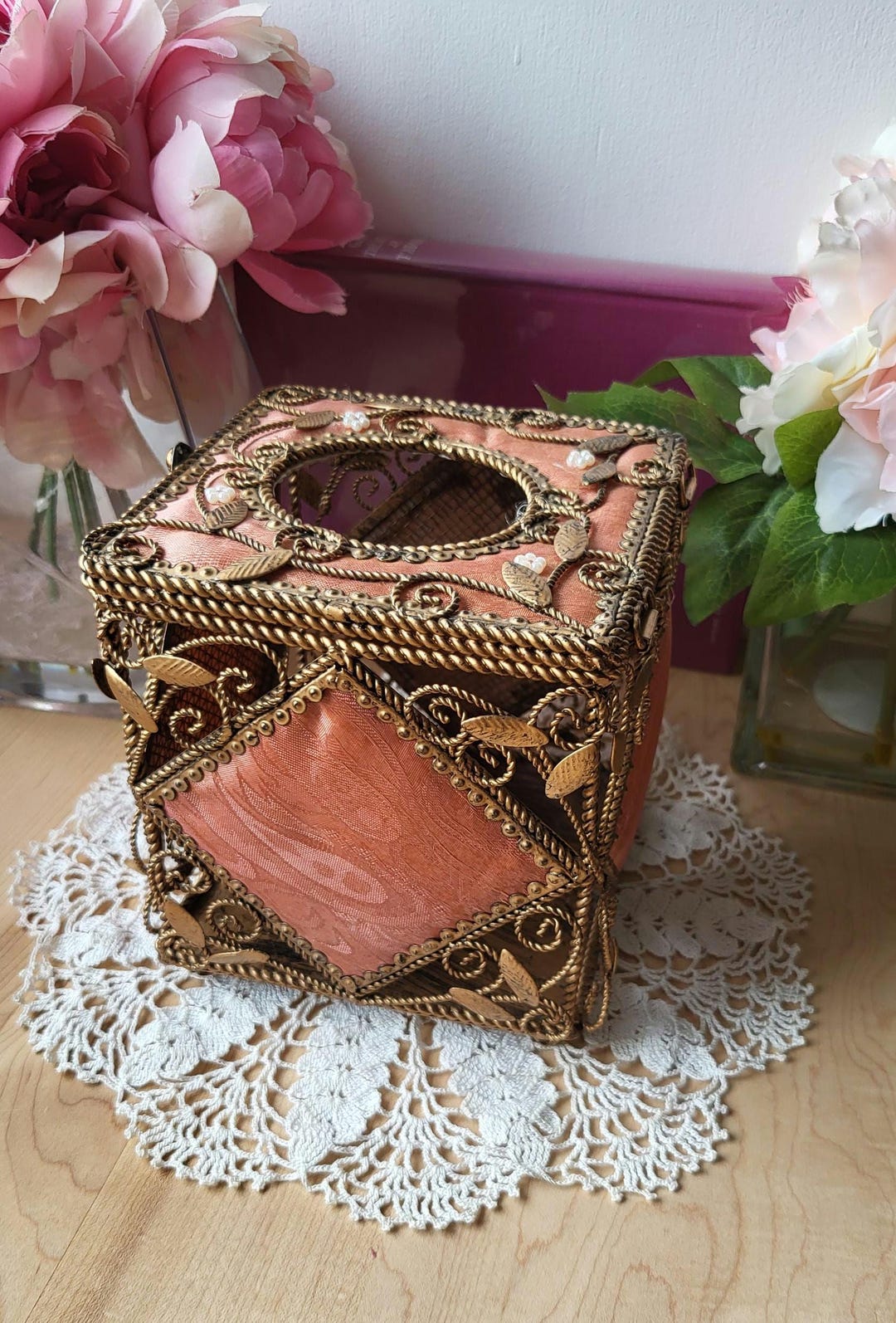 Vintage Metal & Fabric Tissue Box Holder Pink Brocade Gold Brass Metal ...