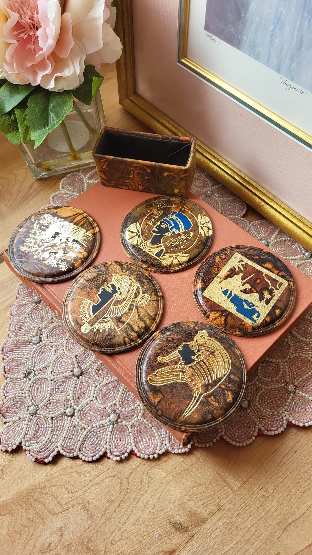 Vintage Egyptian Camel Leather Coaster. Set of 5, Nefertiti, Pharaoh ...