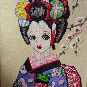 Vintage Japanese Geisha Bunka Silk Embroidery Cartoon Style Funky Frame ...