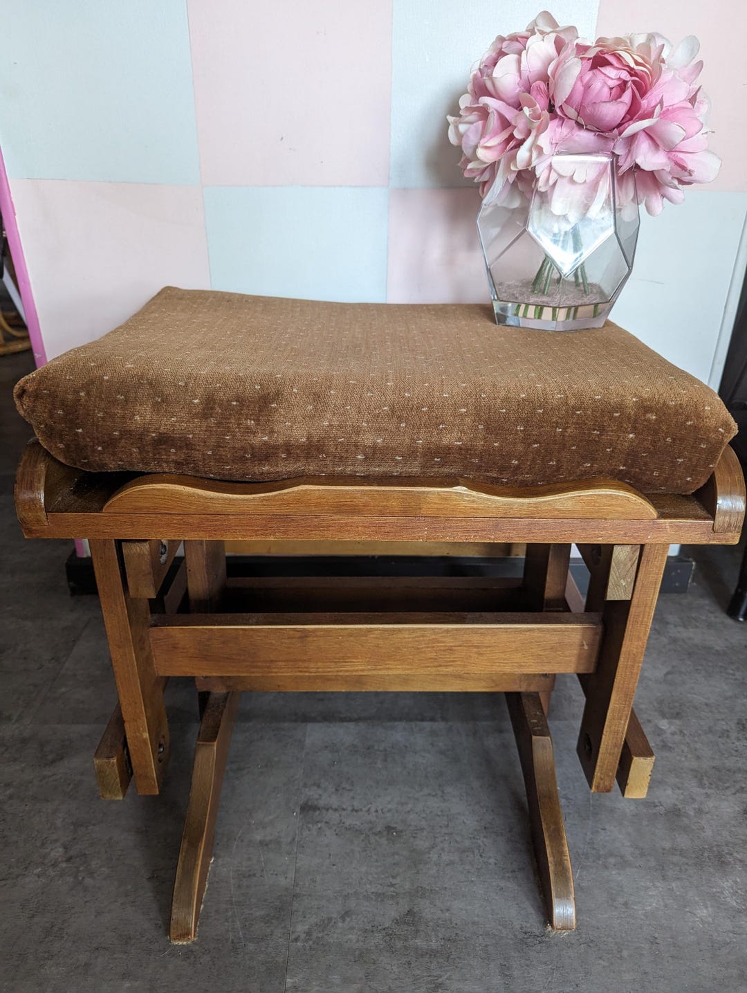 Vintage 70s Canopy Rocking Wingback Ottoman Wooden Brown Fabric 70's ...