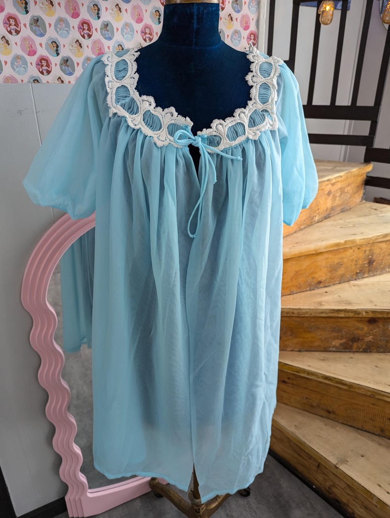 Vintage Slumber Suzy Sheer Nylon Lingerie Robe Blue Puffy Size M-L ...