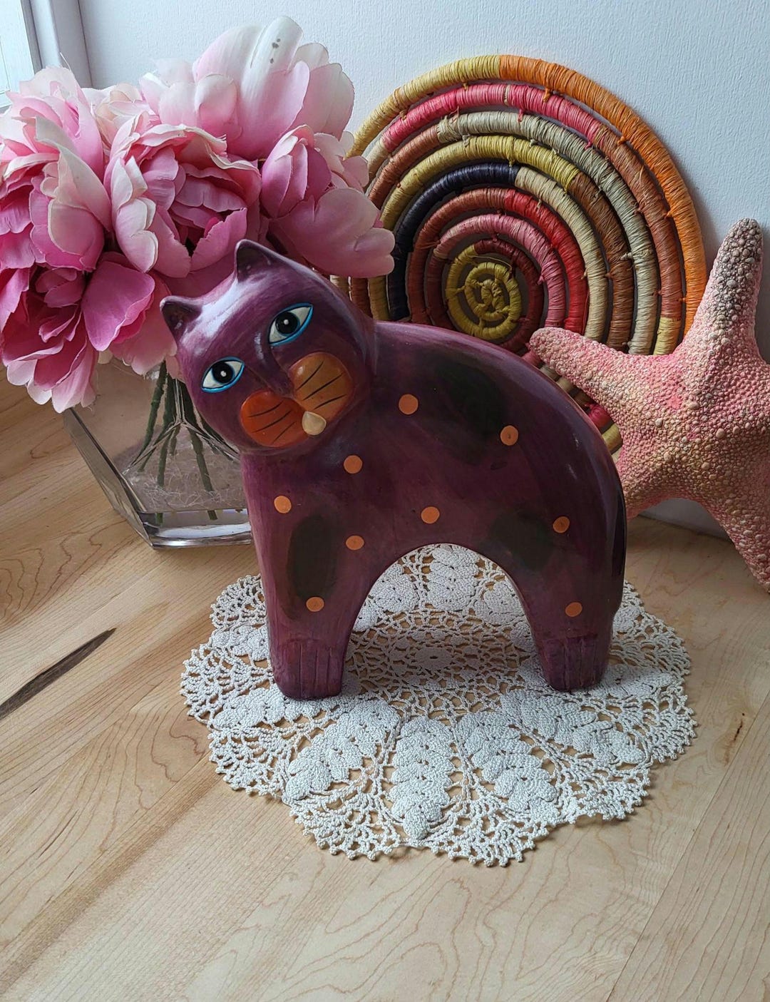 Vintage Laurel Burch Style Cat Ceramic Purple and Dotted Statue. Cat ...