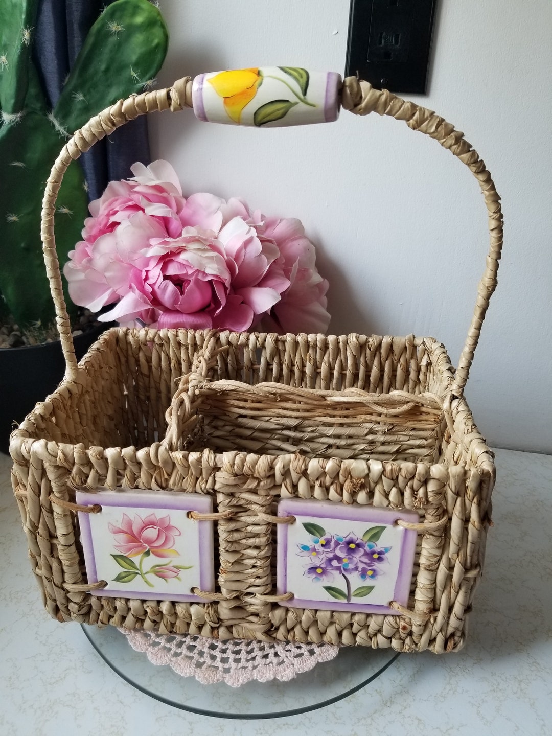 Gorgeous WICKER Silverware Caddy, Hand Painted Tile Accents, Vintage ...