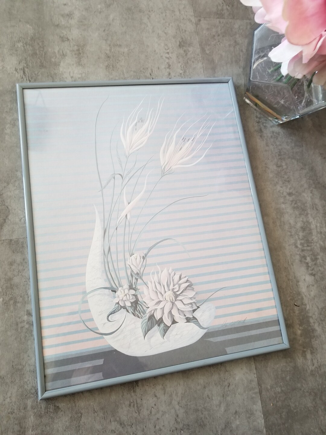 Vintage Postmodern 80s Framed Floral Vase Prints Pastel Grey Frame ...