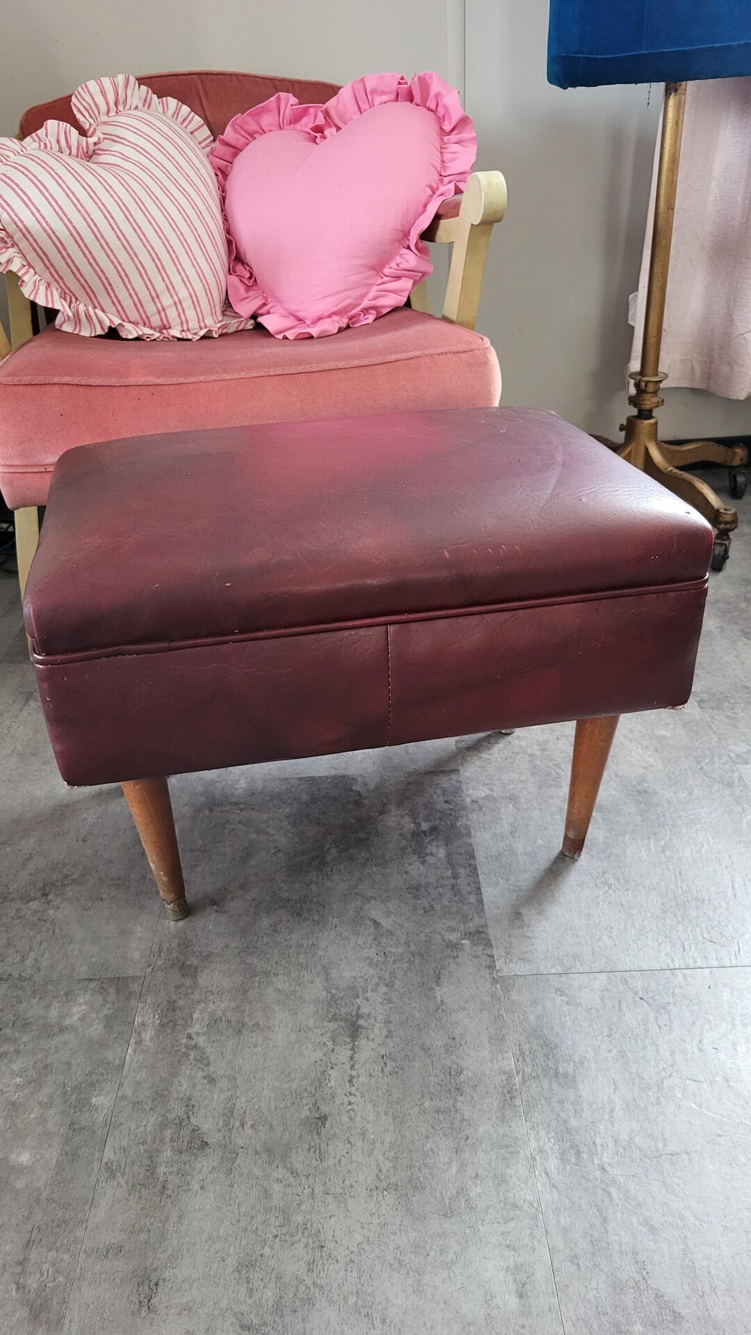Mid Century Vinyl Footstool With Removable Teak Legs Vintage Burgundy ...